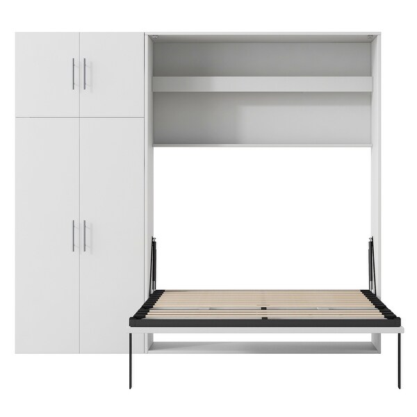 Full Size Murphy Bed with Lockers and Wardrobes White