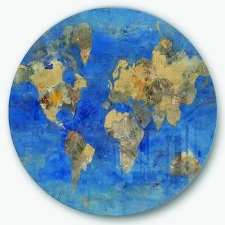 Designart 'Golden Blue World Map' Traditional Metal Circle Wall Art ...