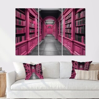 Designart "Pink Grey Library bookshelf perspective II" Libraries Canvas ...