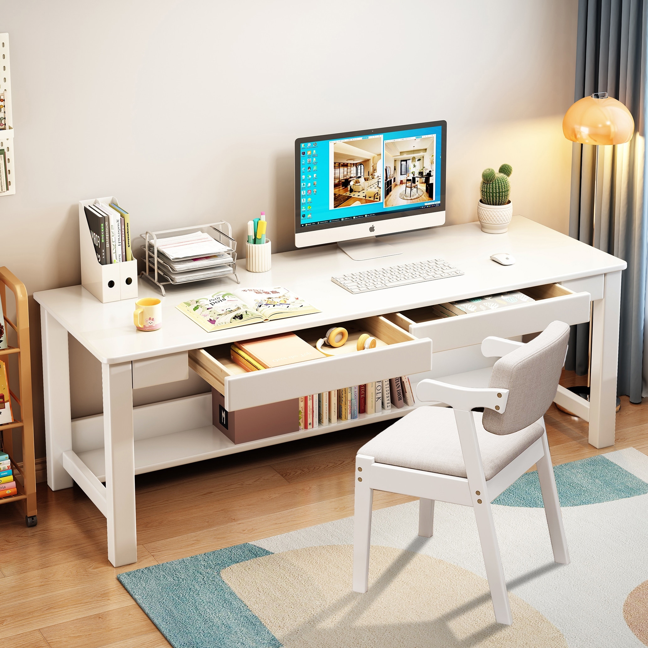Wooden Modern Computer Desk and Chair Set Large Home Office Desk Study Writing Desk Workstation