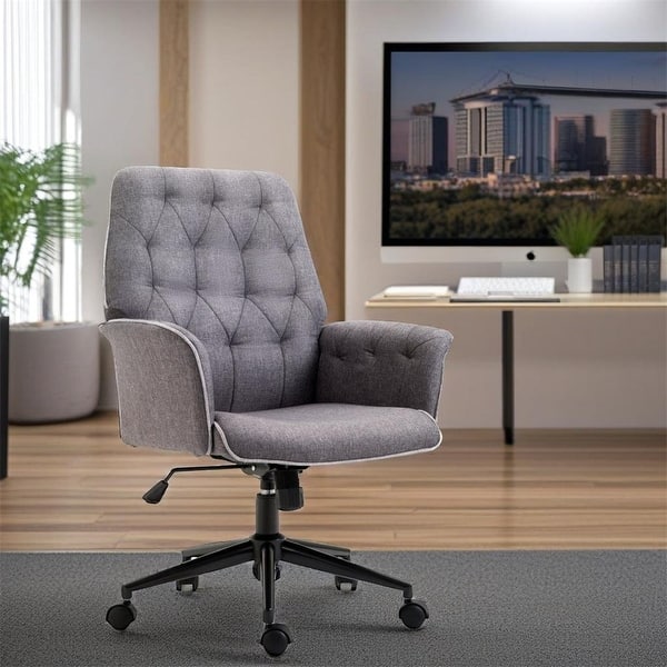 Linen Home Office Chair,Tufted Height Adjustable Computer Desk Chair ...
