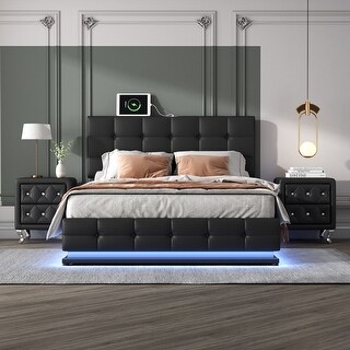 Hydraulic Storage Platform Bed with LED Lights & 2 Nightstands, USB ...