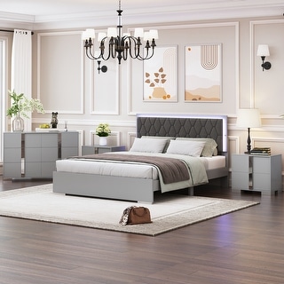 4 Piece Bedroom Sets Queen Size Upholstered Bed LED Lights, Mirrored ...
