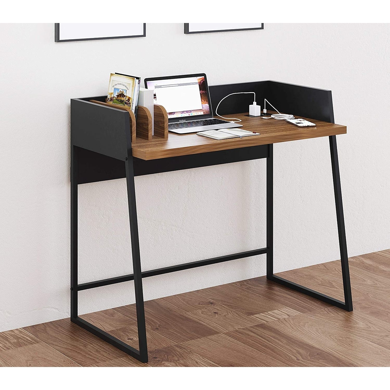 Spirich 35 inches Small Computer Desk with Hutch and Build in Charging Station Home Office Writing Desk for Small Spaces