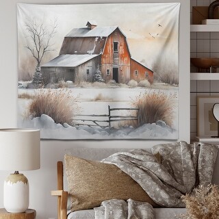Designart 'Red Barn Scenery In Winter II' Barn Landscape Wall Tapestry ...