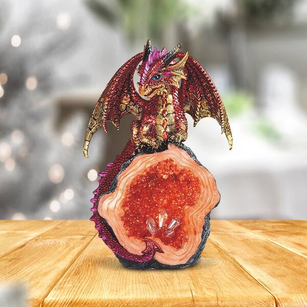 ICE ARMOR 8"H Red Volcano Dragon Guarding Faux Crystal Cave Figurine ...