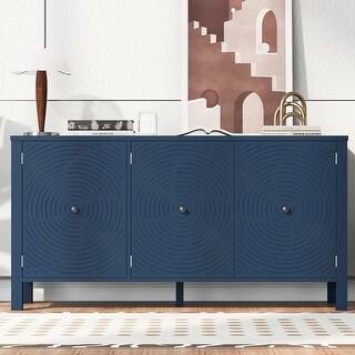 Navy Blue Three Door Buffet Sideboard with Wood Legs and Curved Swirl ...