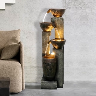 40-inch Outdoor Water Fountain Faux Stone Waterfall Features w/ Lights ...