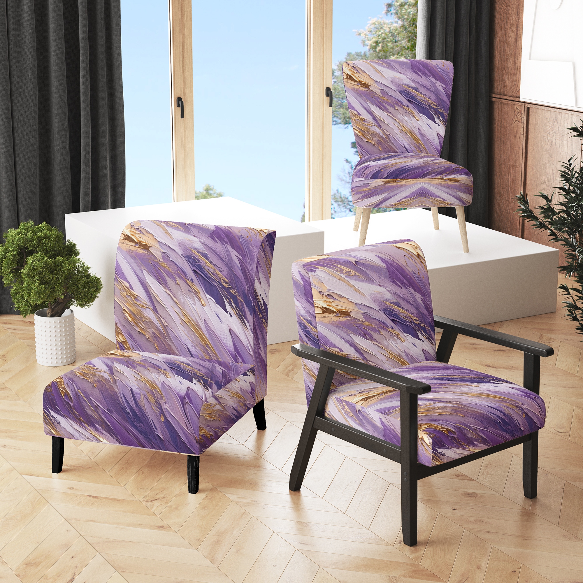 Designart Purple and Gold Dynamic Abstractions II Upholstered Abstract Accent Chair and Modern Contemporary Arm Chair