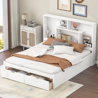Queen Grounded Bed, Platform Bed Frame with 2 Drawers, White - Bed Bath ...