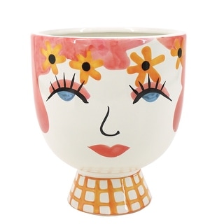 7"Hx6" Diameter, Frida Face Flower Vase, Pink/White Finish, Made with ...
