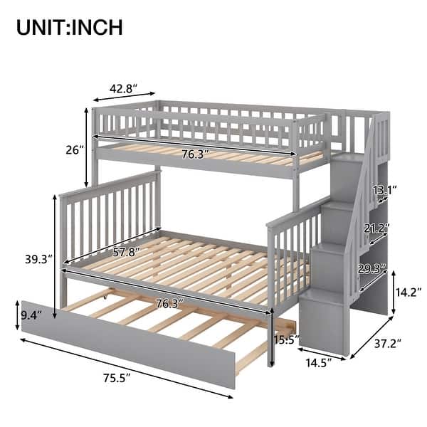 Merax Twin over Full Wood Bunk Bed with Trundle and Storage Stairs ...