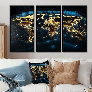 Designart - Golden Radiant Map Of The World - World Map Framed Wall Art ...