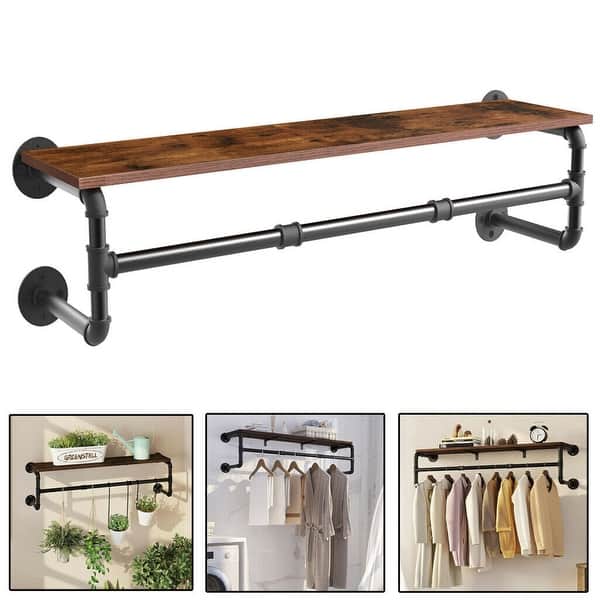 40inches Pipe Clothes Rail Wall Mounted Garment Hanging Rack With Shelf ...