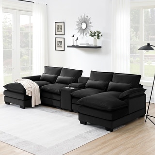 Living Room Sectional Sofa Black Streamline Biscuit Sleeper Sofa 6-seat ...