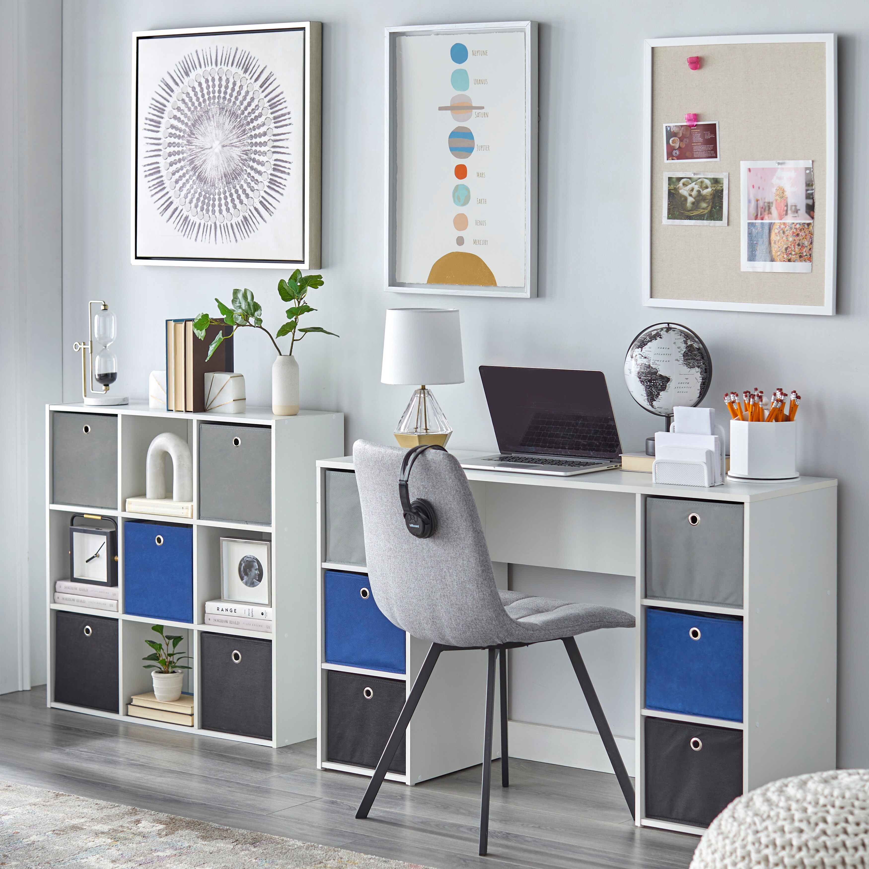 Simple Living Jolie White and Blue Writing Desk and 5 bin Bookcase Set