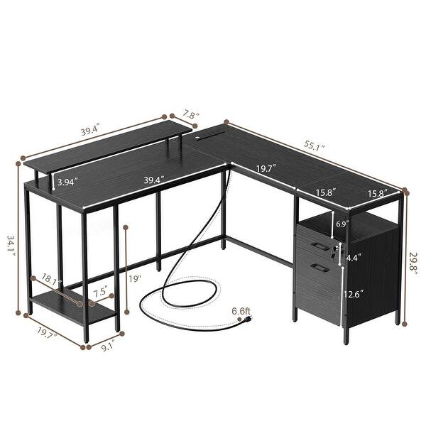 Reversible Computer Desk with Power Outlets & File Cabinet, L Shaped ...