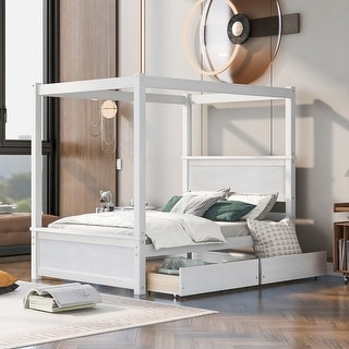 Space-saving Wooden Full Size Canopy Platform Bed with 2 Storage ...