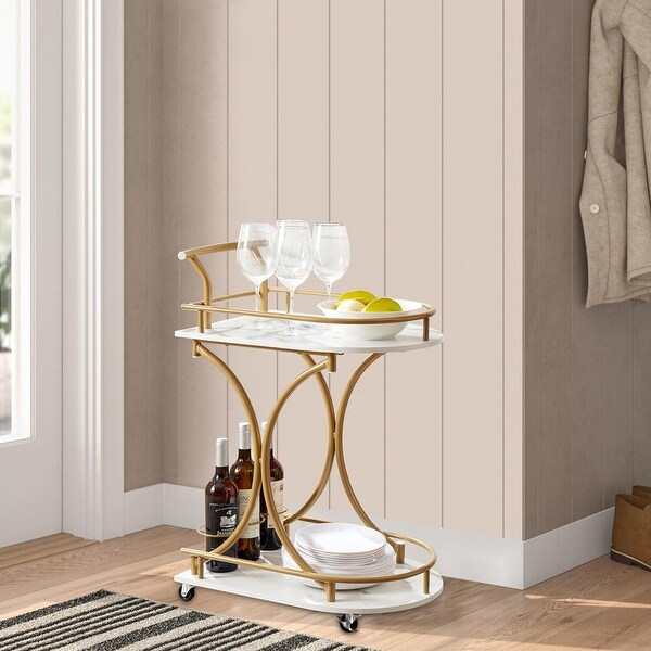 2 Tier Marble Small Side Table Bar Cart with Slide Wine Rack and Glass Holder Bed Bath Beyond 41550033
