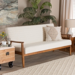 Stratton Mid-Century Modern Cream Boucle Fabric and Walnut Brown ...