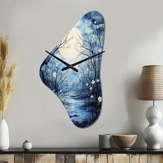 Blue White Tree Moonlit Silhouette I - Trees Wall Clocks in Boomerang ...