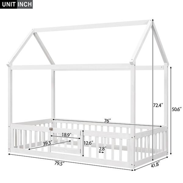 Twin-Size Pine Wood House Bed for Kids Floor Bed Frame with Rails and ...