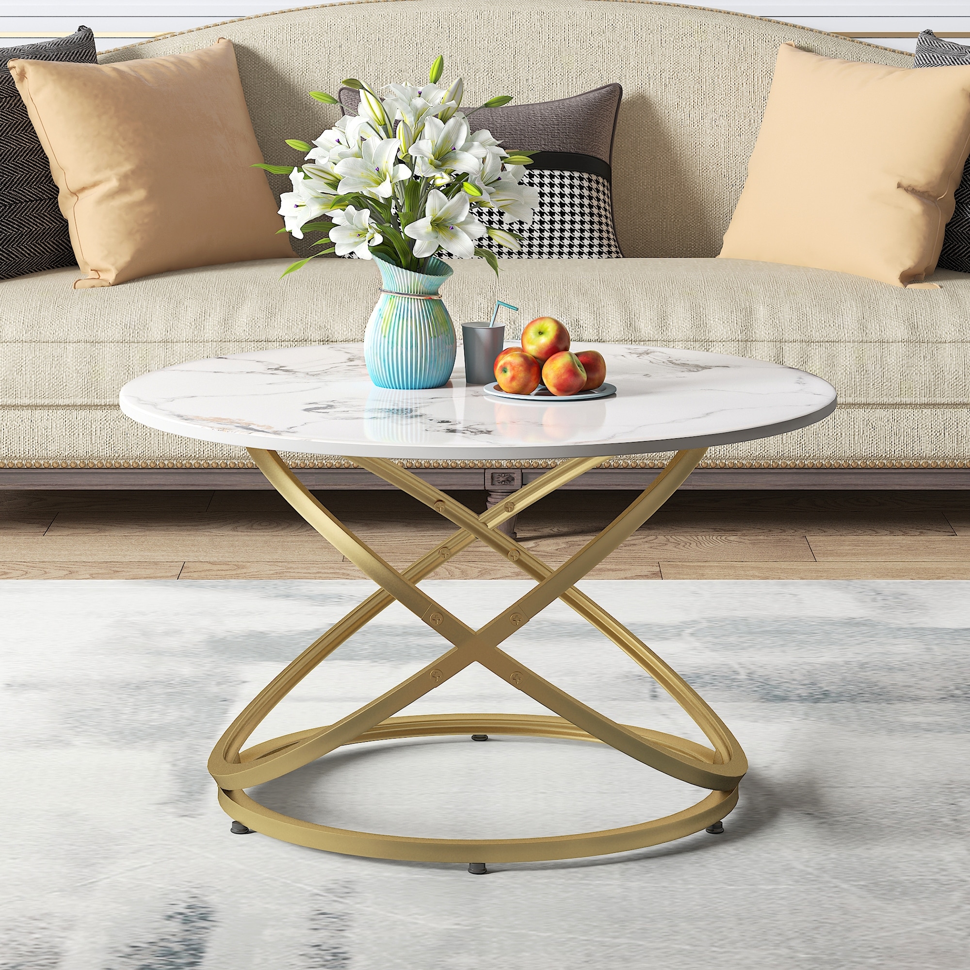 Myhozm Accent Round Glass Stone Top Coffee Table with Metal Base Stone Top Gold Base