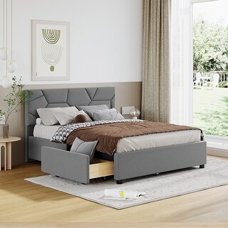 Functional Full Size Linen Fabric Upholstered Platform Bed, Includes 4 ...