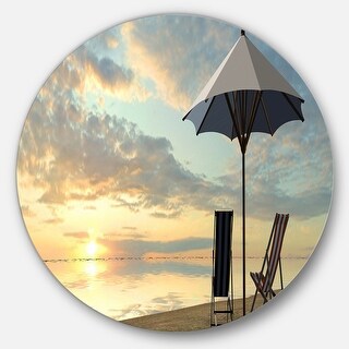 Designart 'Deck Chairs and Umbrella on Beach' Modern Seascape Disc ...