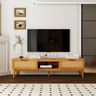 TV Console Table; Rattan TV Stand with Storage; Doors and Shelves; Low ...