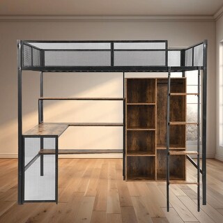 Full Size Metal Loft Platform Bed Frame with Desk, Wardrobe, Shelves ...