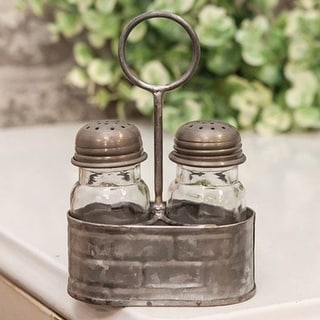 Galvanized Embossed Salt & Pepper Caddy w/Shakers - H - 6.25 in. W - 4. ...