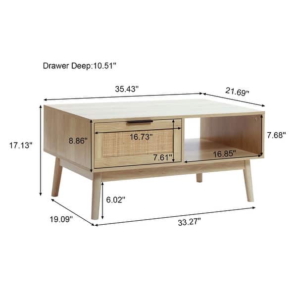 White Oak Finish Wood and Rattan Coffee Table - 17.13" H x 35.43" W x ...