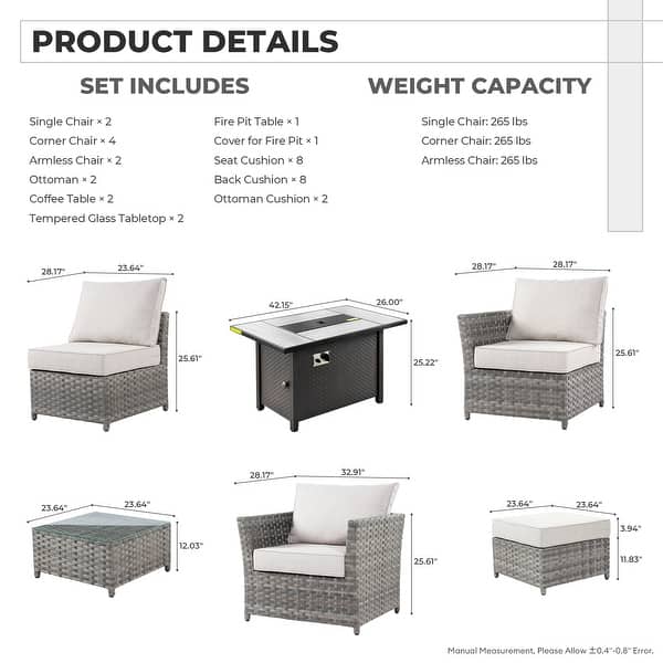 XIZZI 13-Piece Patio Rattan Wicker Furniture Sectional Set with Fire ...