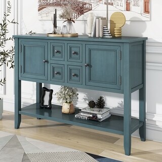 46" Dark Blue Console Table Sideboard Storage Cabinet with 4 Drawers ...