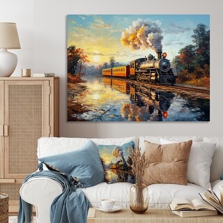 Designart "Steamtrain Travelling In The Sunset Painting" Train Canvas ...