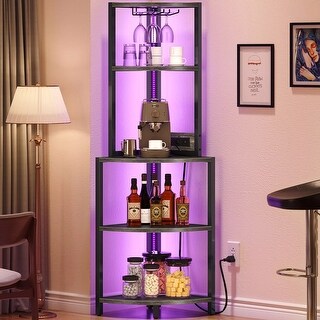 5 Tier Corner Shelf LED Light & Power Outlets Bookcase Display Rack ...