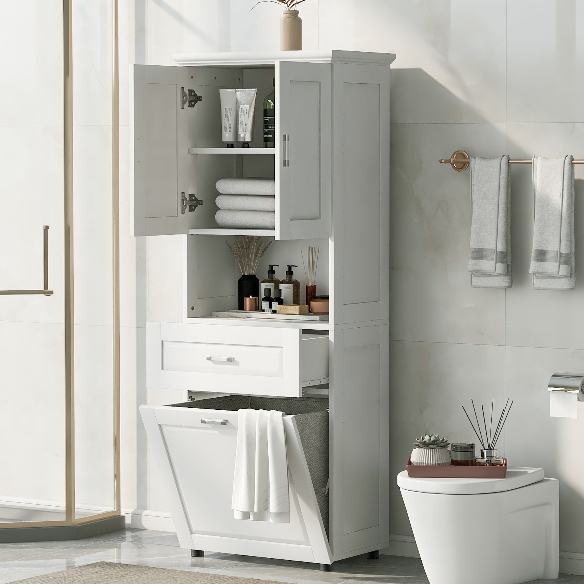 Tall Bathroom Cabinet with Tilt Out Laundry Basket and Upper Storage Cabinet