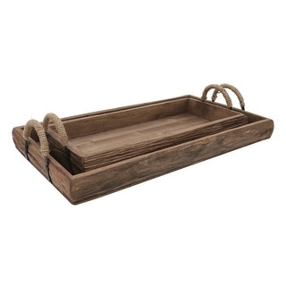 Set of 2 Rustic Wood Decorative Trays with Metal Rope Handles, Brown ...