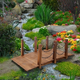 5FT Wooden Garden Bridge, Chain Railings for Backyard Creek Pond - Bed ...