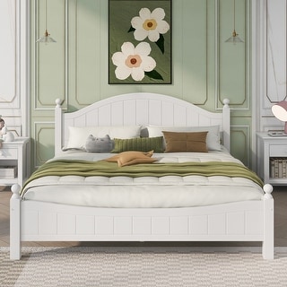 King Size Traditional Concise Style White Solid Wood Platform Bed with ...