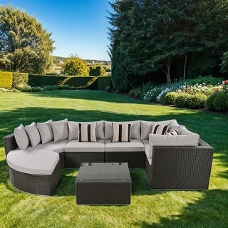 7-Piece Outdoor Wicker Modular Sofa Double Half Round Conversation Sets ...