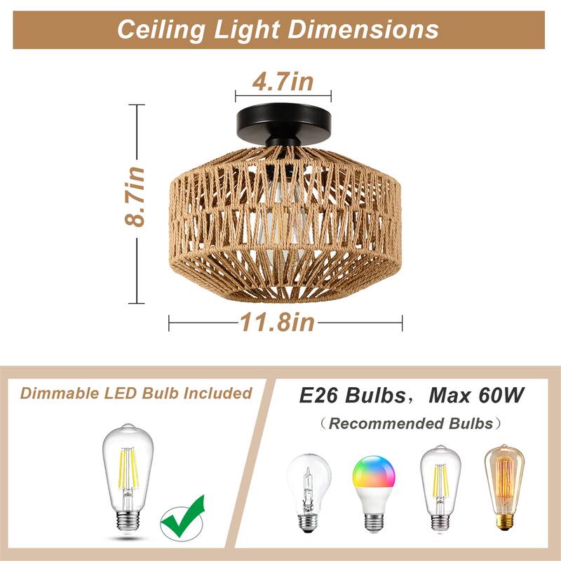 Mini Rattan Flush Mount Light with Dimmable LED Bulb - Bed Bath ...