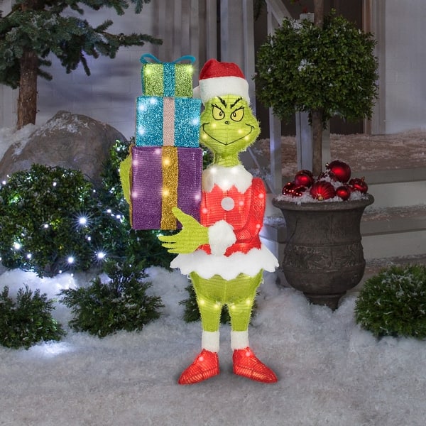 3D Holiday Lighted Tinsel Sculpture-Grinch w/Present Stack-Dr. Seuss ...