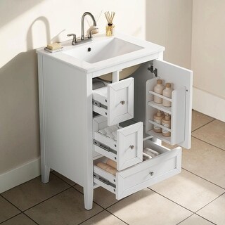 24" Modern Bathroom Vanity, Ceramic Sink, Solid Wood Legs & Soft-Close ...