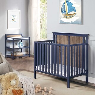 Midnight Blue Mini Crib with Vintage Walnut Finish and Mattress Pad ...