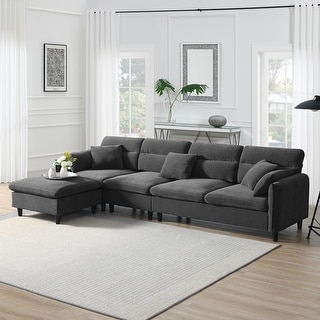 4 Seat Straight Sofa Convertible L Shaped Corner Sofa with Gray Ottoman ...
