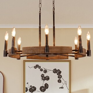 8 Light Wood Chandelier with Adjustable Steel Chains, 1 Tier Kitchen ...
