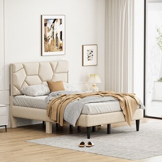Full Heavy-Duty Platform Bed Frame with Linen Upholstered Headboard ...
