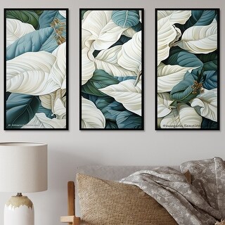 Designart "White Leaves Charm Liquid Art" Leaves Framed Art Set of 3 ...